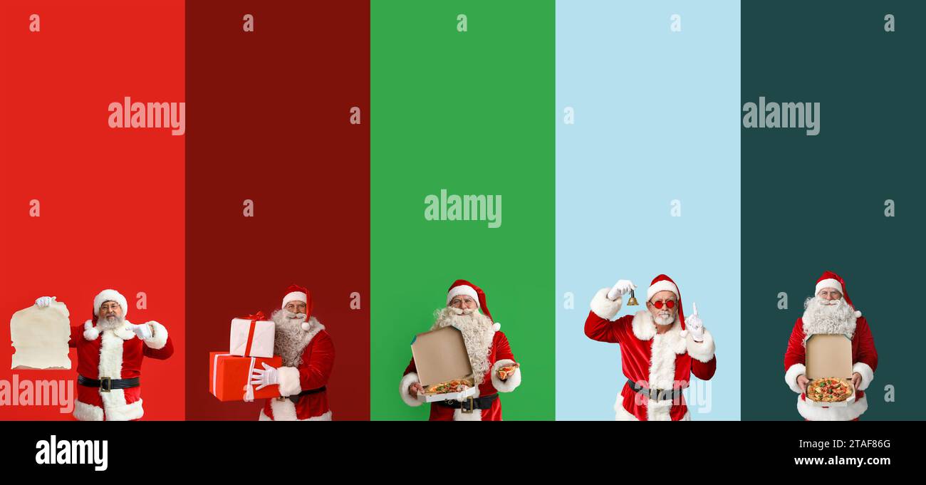 Set of Santa Clauses on colorful background Stock Photo - Alamy