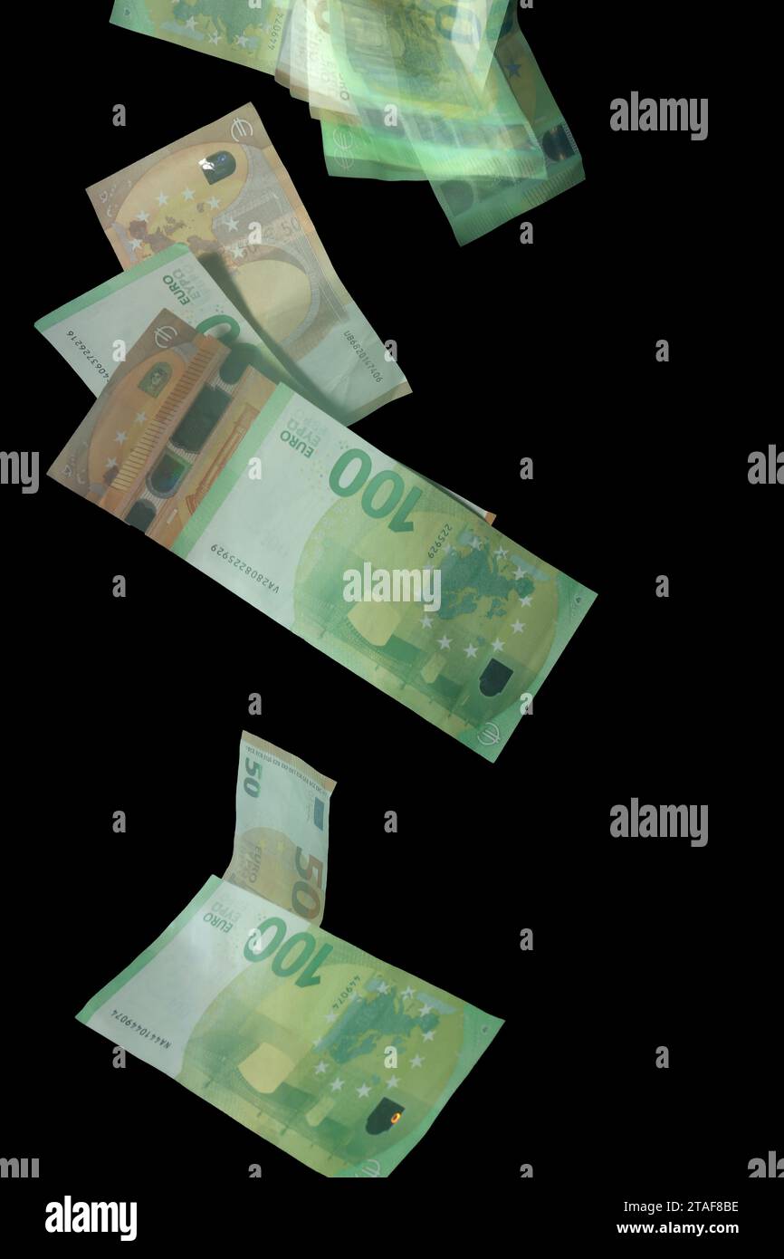 Stroboscopic photo of falling euro banknotes on dark background Stock ...