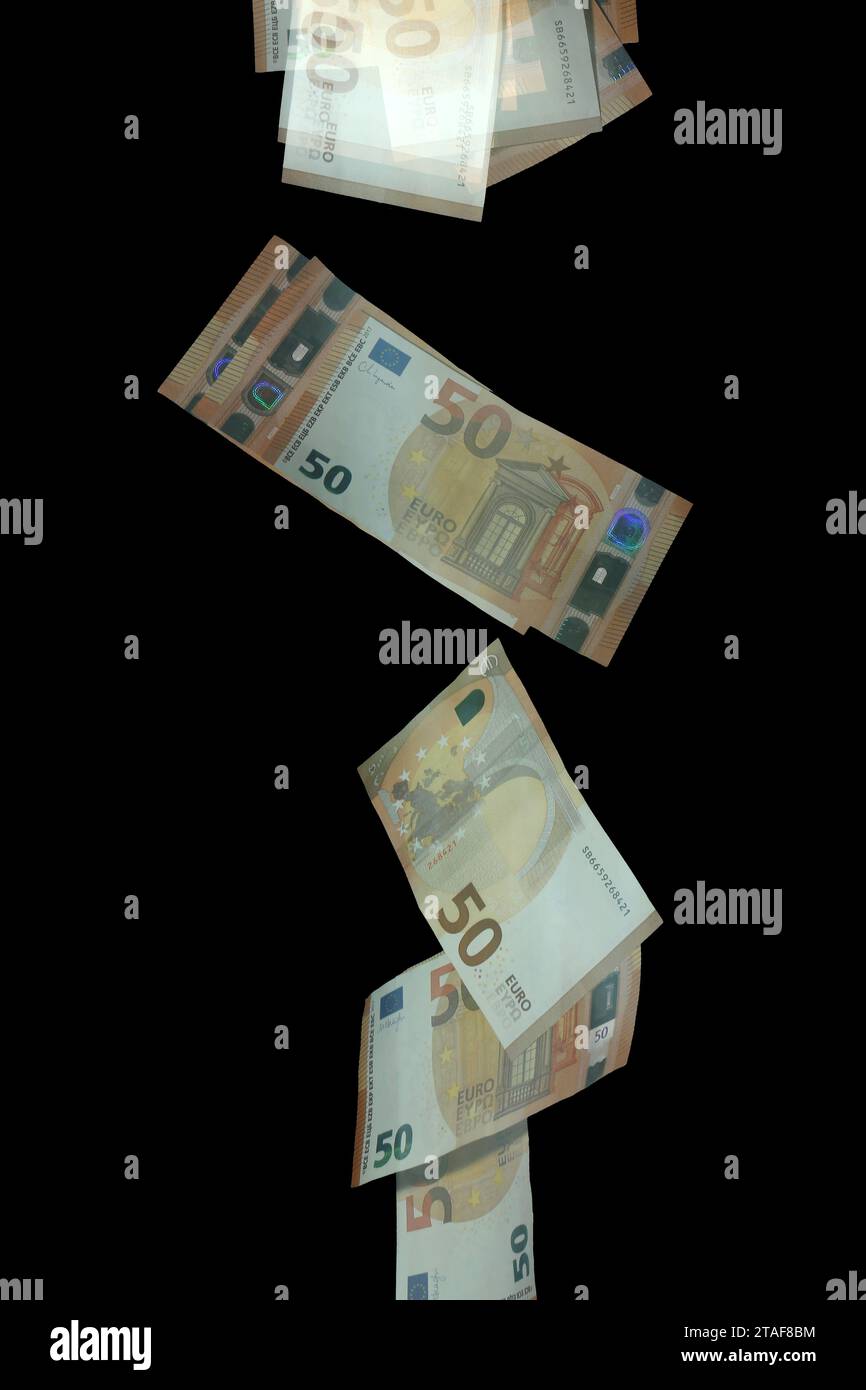 Stroboscopic photo of falling euro banknotes on dark background Stock ...