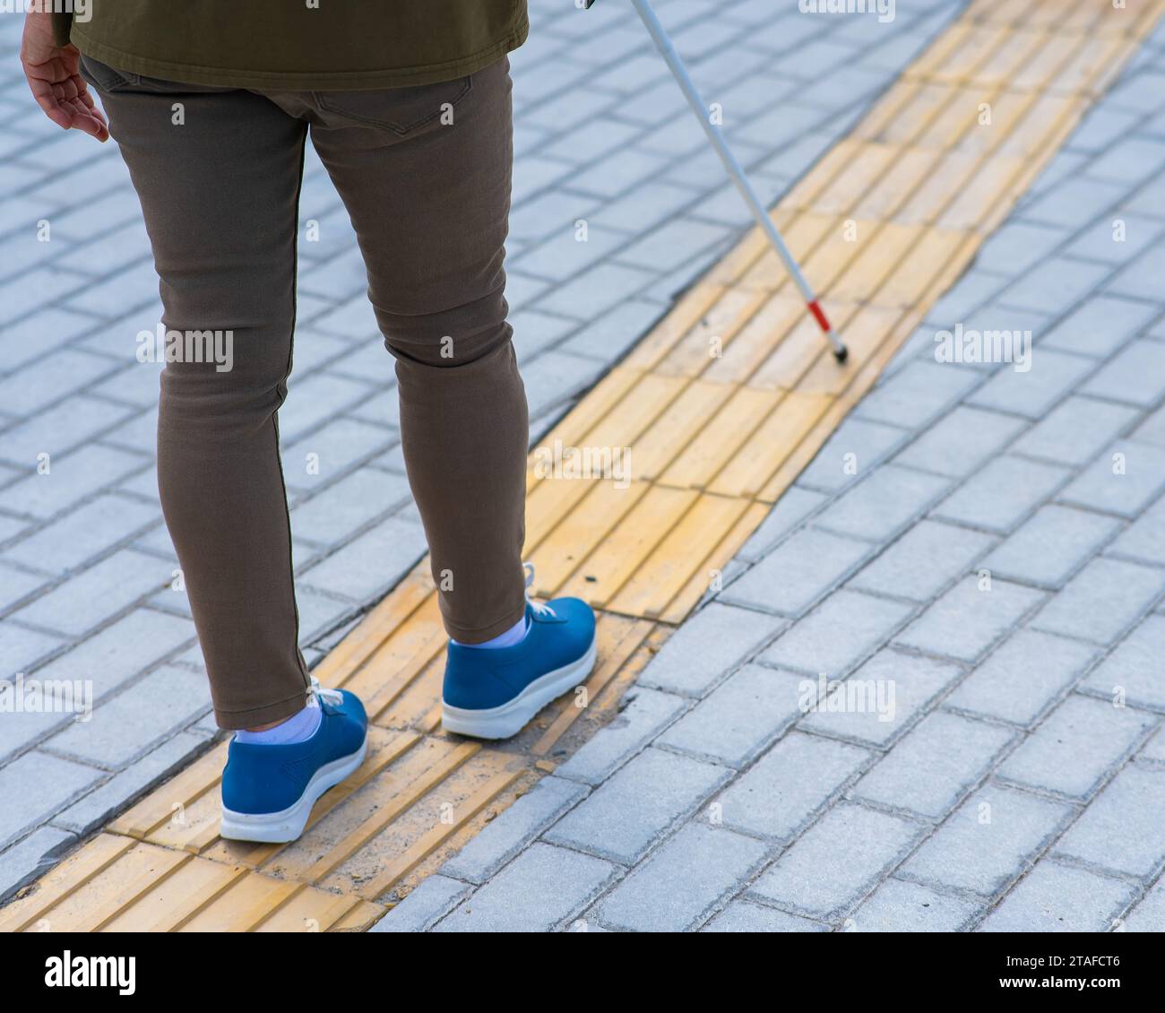Close-up of the legs of an elderly blind woman with a cane at a tactile ...