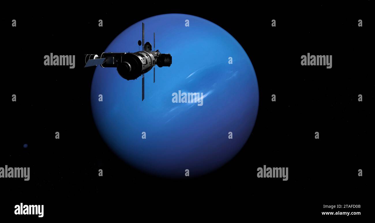 Spaceship arriving at Neptune, space mission to the unknown planet. 3d ...