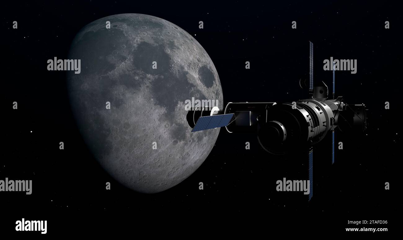 Spaceship arriving at Moon, space mission to the Earth satellite. 3d ...