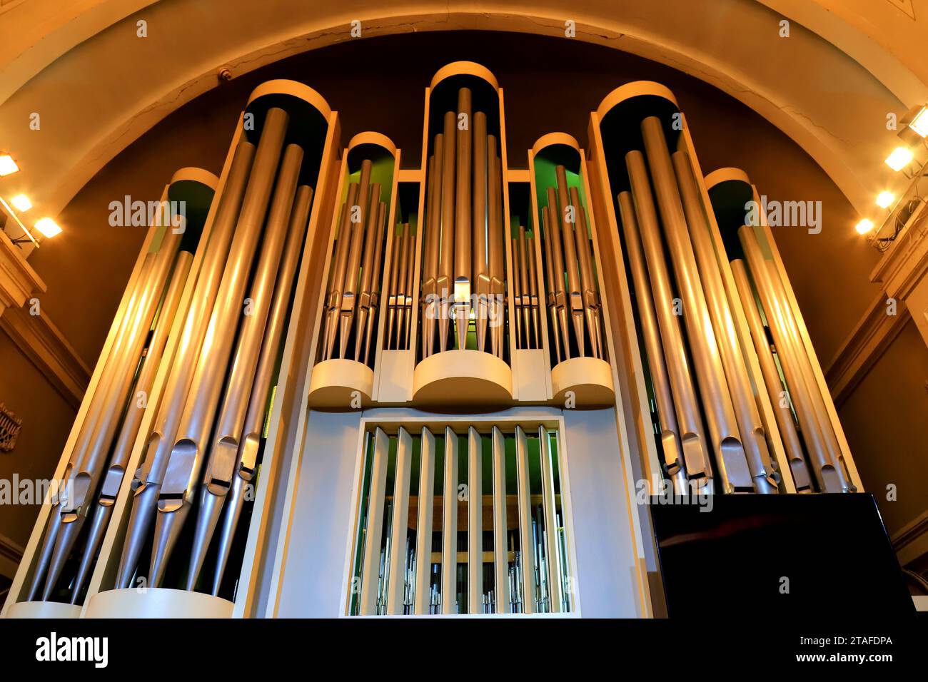 Large musical organ with organ pipes in a Christian church. Musical ...
