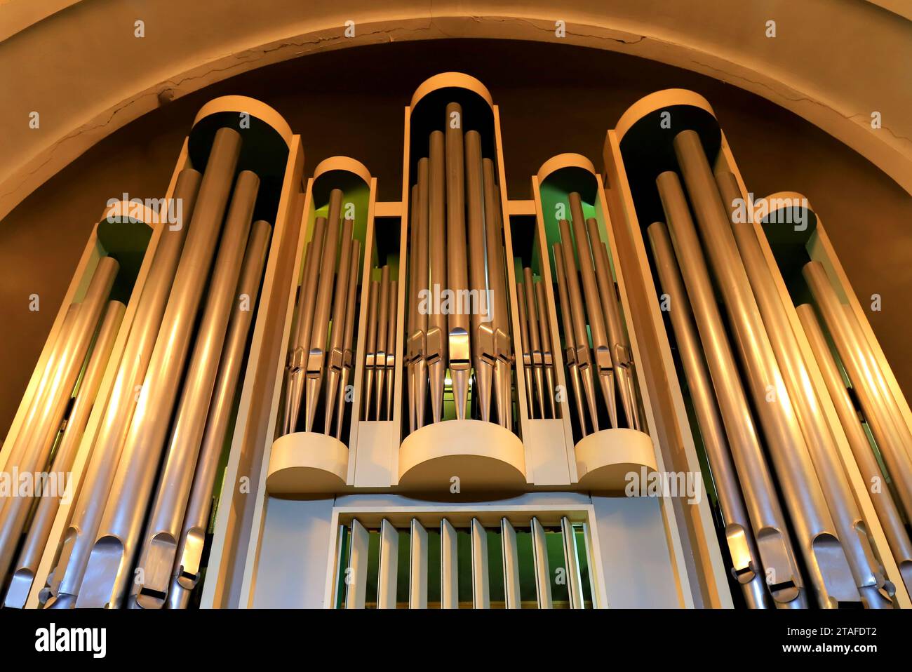 Large musical organ with organ pipes in a Christian church. Musical ...