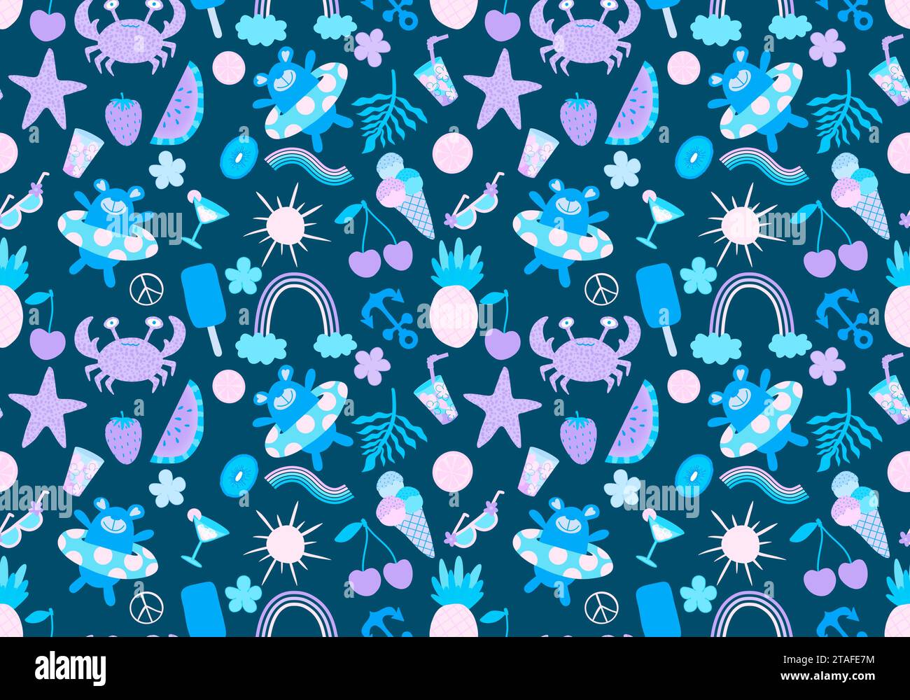 Summer cartoon doodle seamless rainbow and crabs and cherry and ice ...