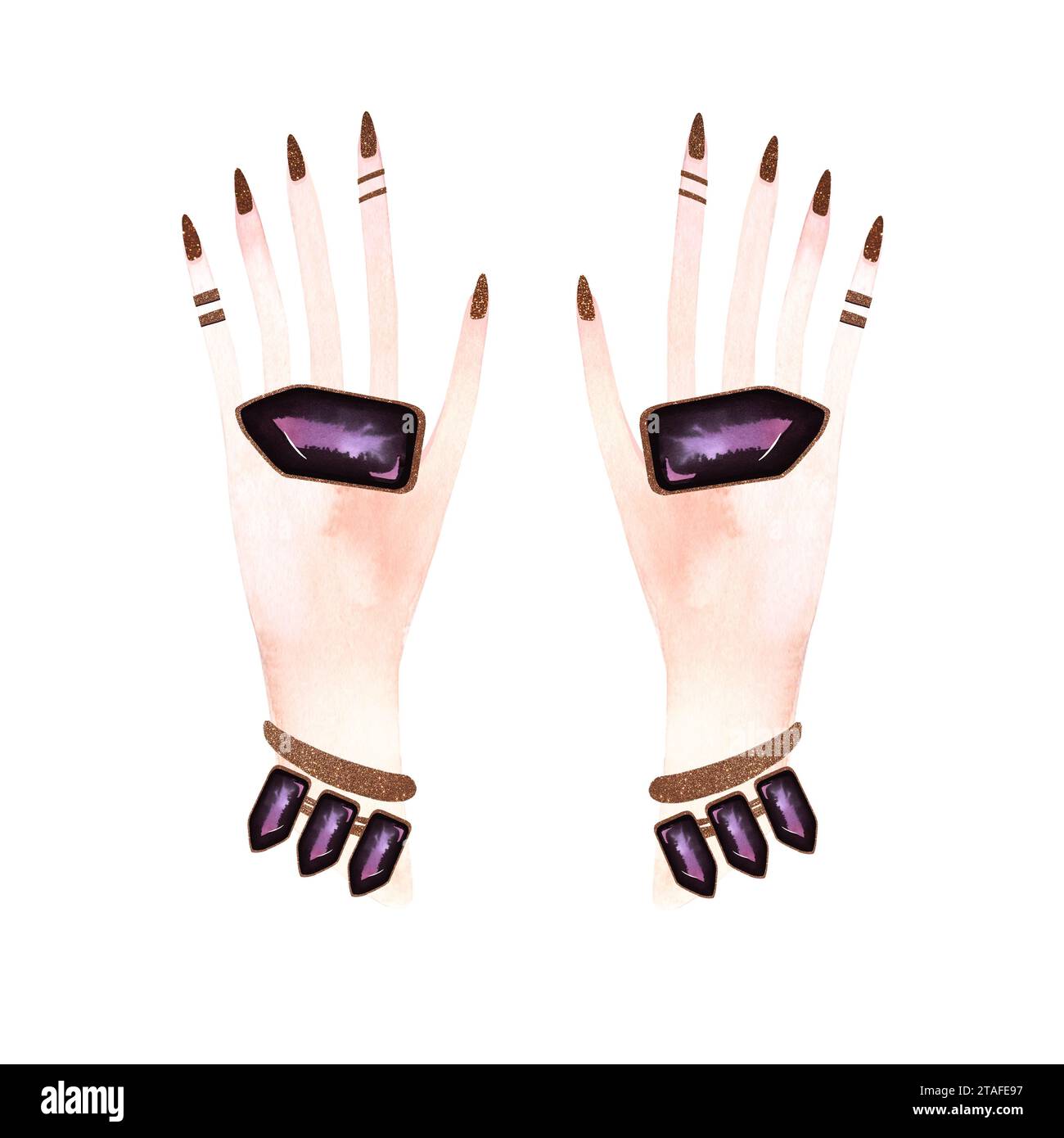 Female feminine hands with black manicure, ring and bracelet with ...