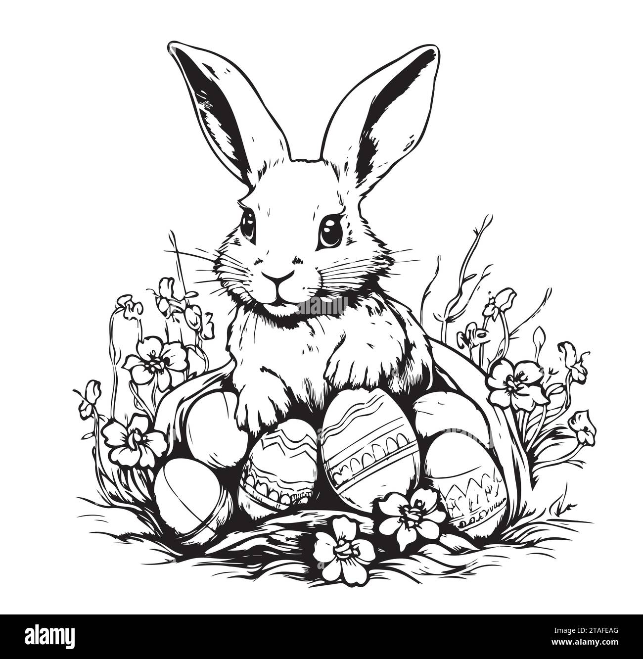 Rabbit with easter eggs illustration, drawing, engraving, line art ...