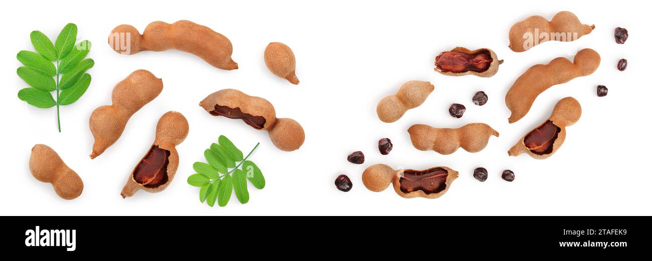Tamarind fruit isolated on white background, Top view. Flat lay. Set or ...