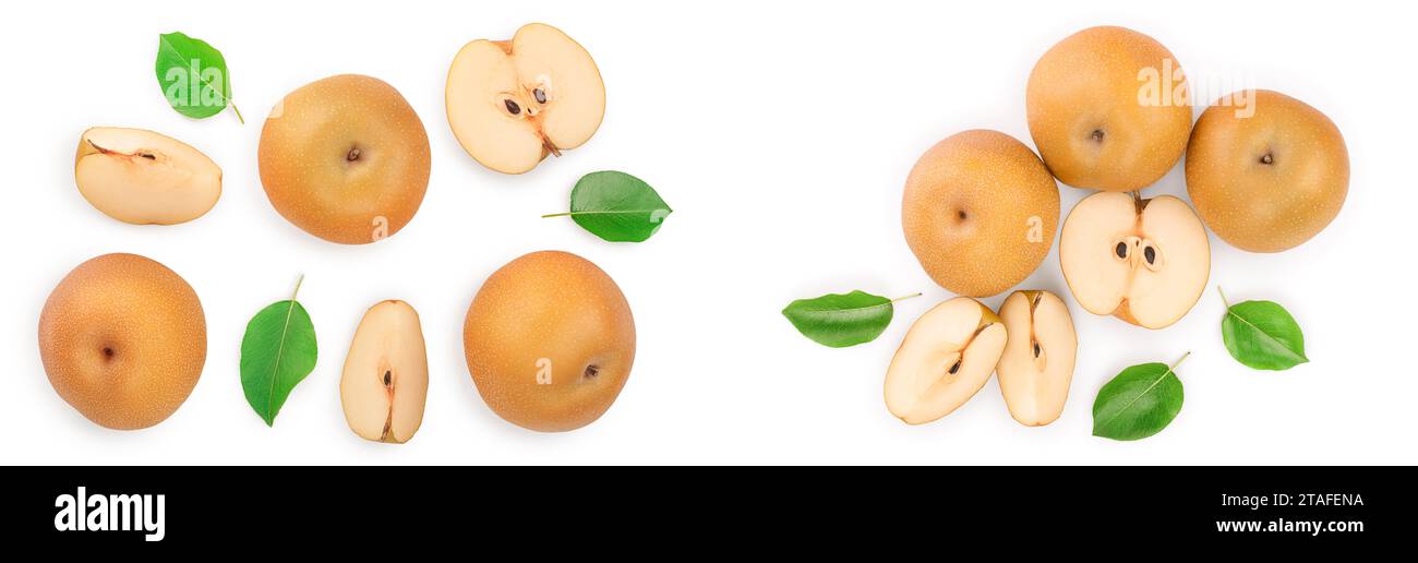 Fresh asian pear with leaves isolated on white background. Top view ...