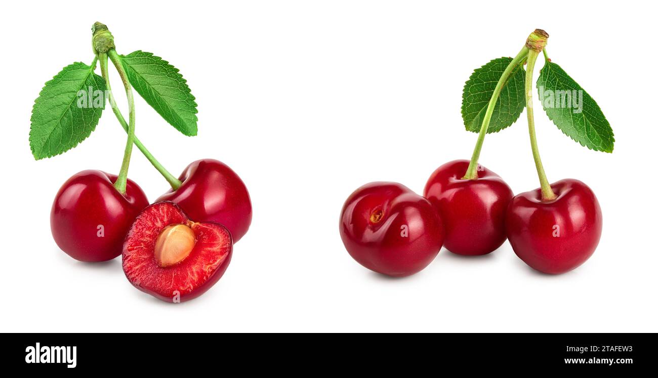 Some cherries with leaf and cut closeup isolated on white background ...