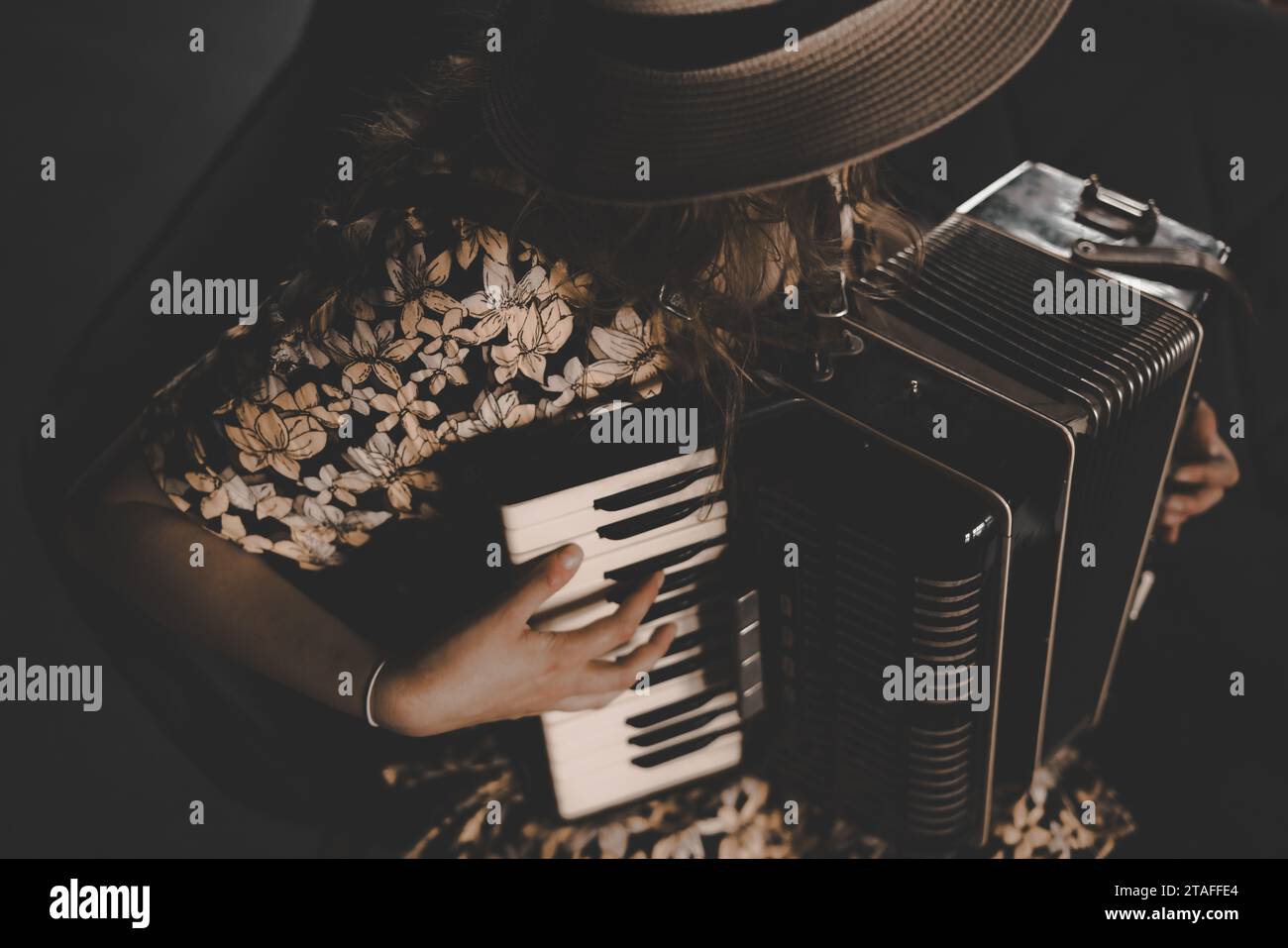 A woman playing the accordion, vintage style Stock Photo - Alamy