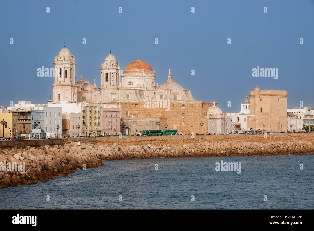 The domes of the Cadiz Cathedral and the Baroque Santiago church rising ...
