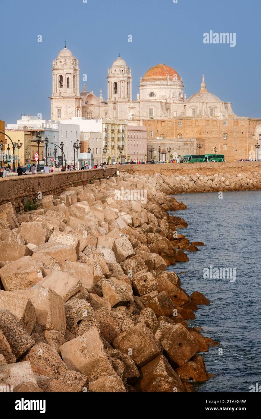 The domes of the Cadiz Cathedral and the Baroque Santiago church rising ...