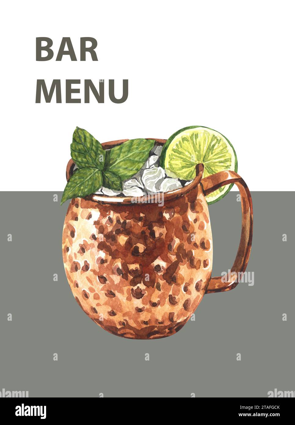 Watercolor moscow mule cocktail with lime and mint leaves ice, in a ...