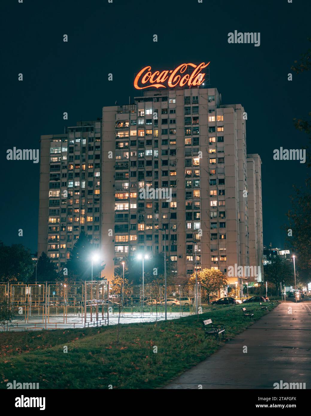 Blok 30 Coca-Cola sign at night in New Belgrade, Serbia Stock Photo - Alamy