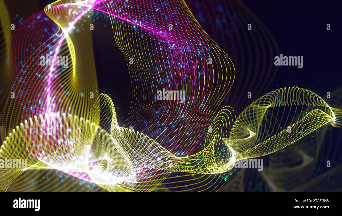 3D rendering of abstract structure of intertwined dots. Bright colored ...