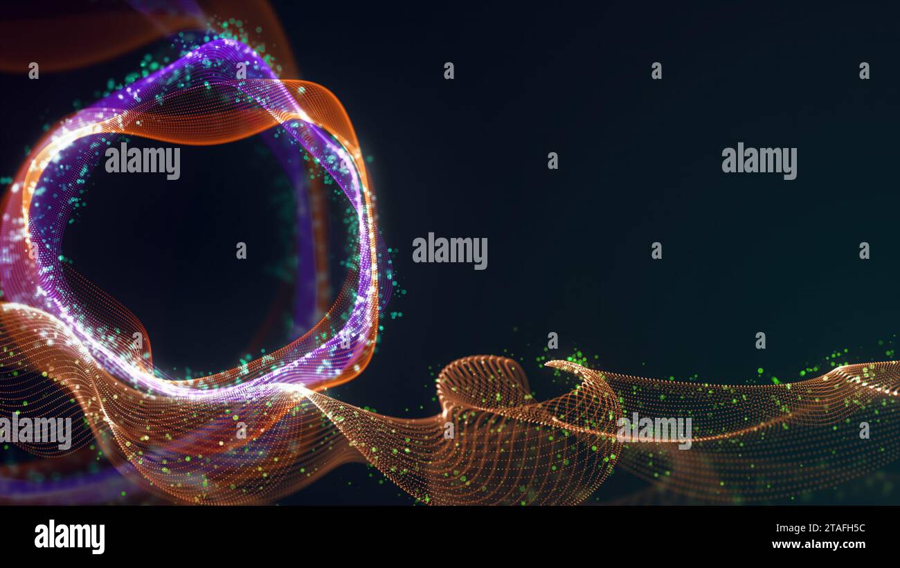 3D rendering of abstract structure of intertwined dots. Bright colored ...