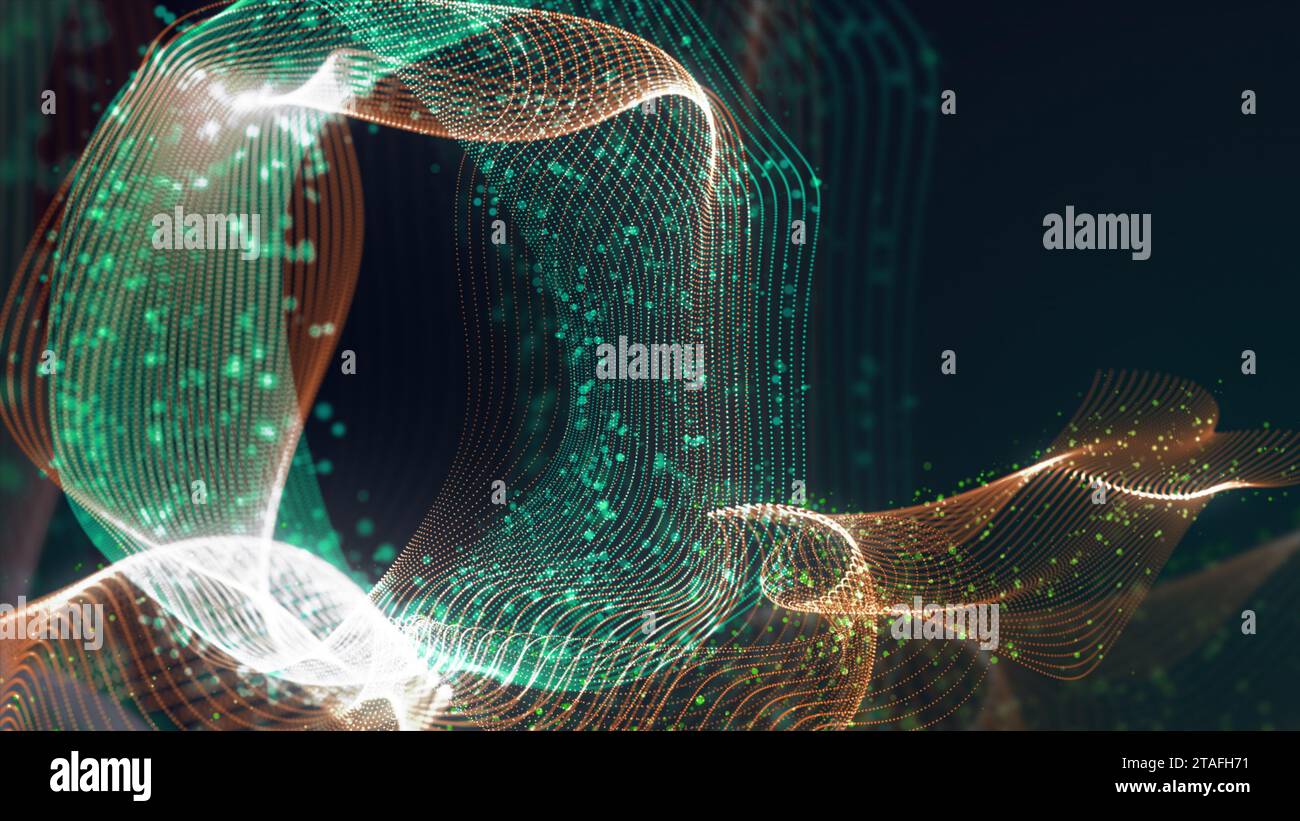 3D rendering of abstract structure of intertwined dots. Bright colored ...
