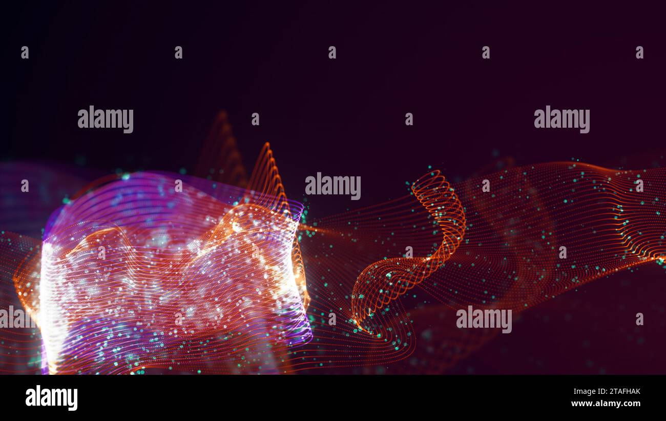 3D rendering of abstract structure of intertwined dots. Bright colored ...
