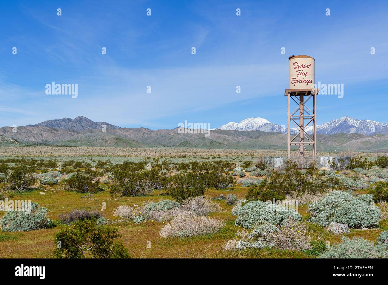 Desert Hot Springs, California water tower with snow capped San ...