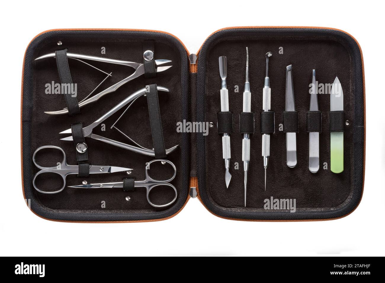 Set of steel manicure instruments and tools in black leather case ...