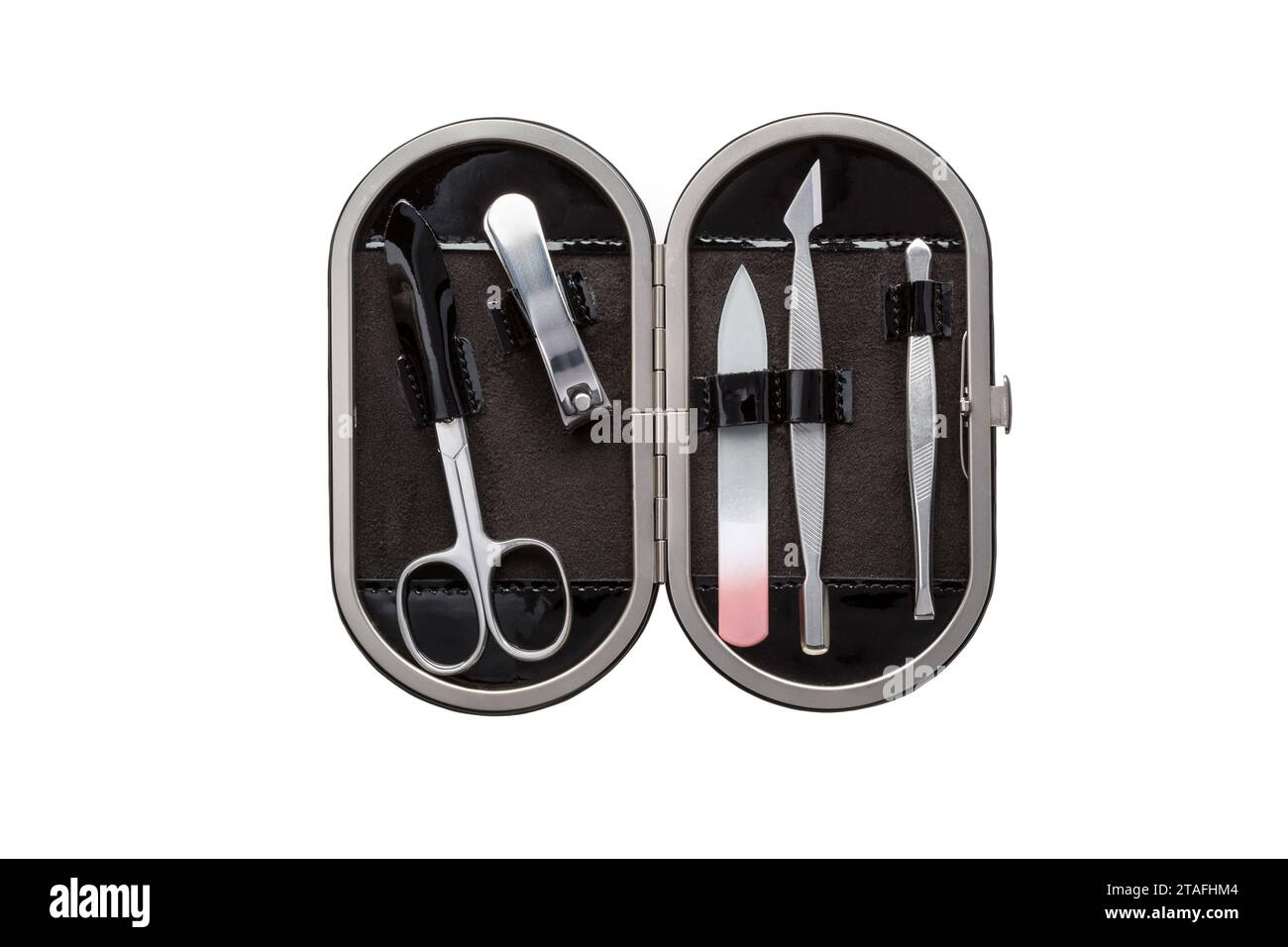 Set of steel manicure instruments and tools in black leather case ...