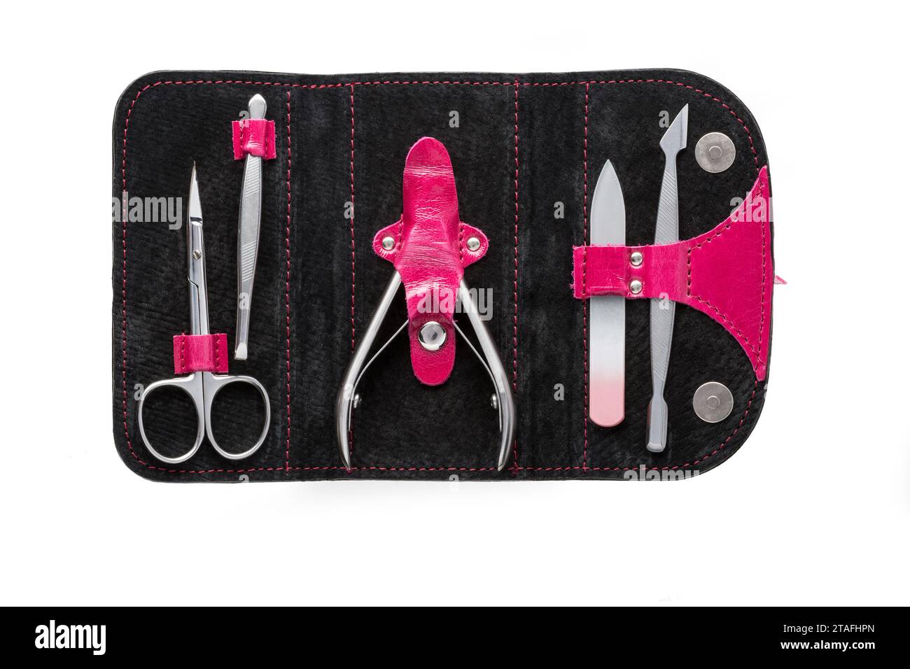 Set of steel manicure instruments and tools in red black leather case ...