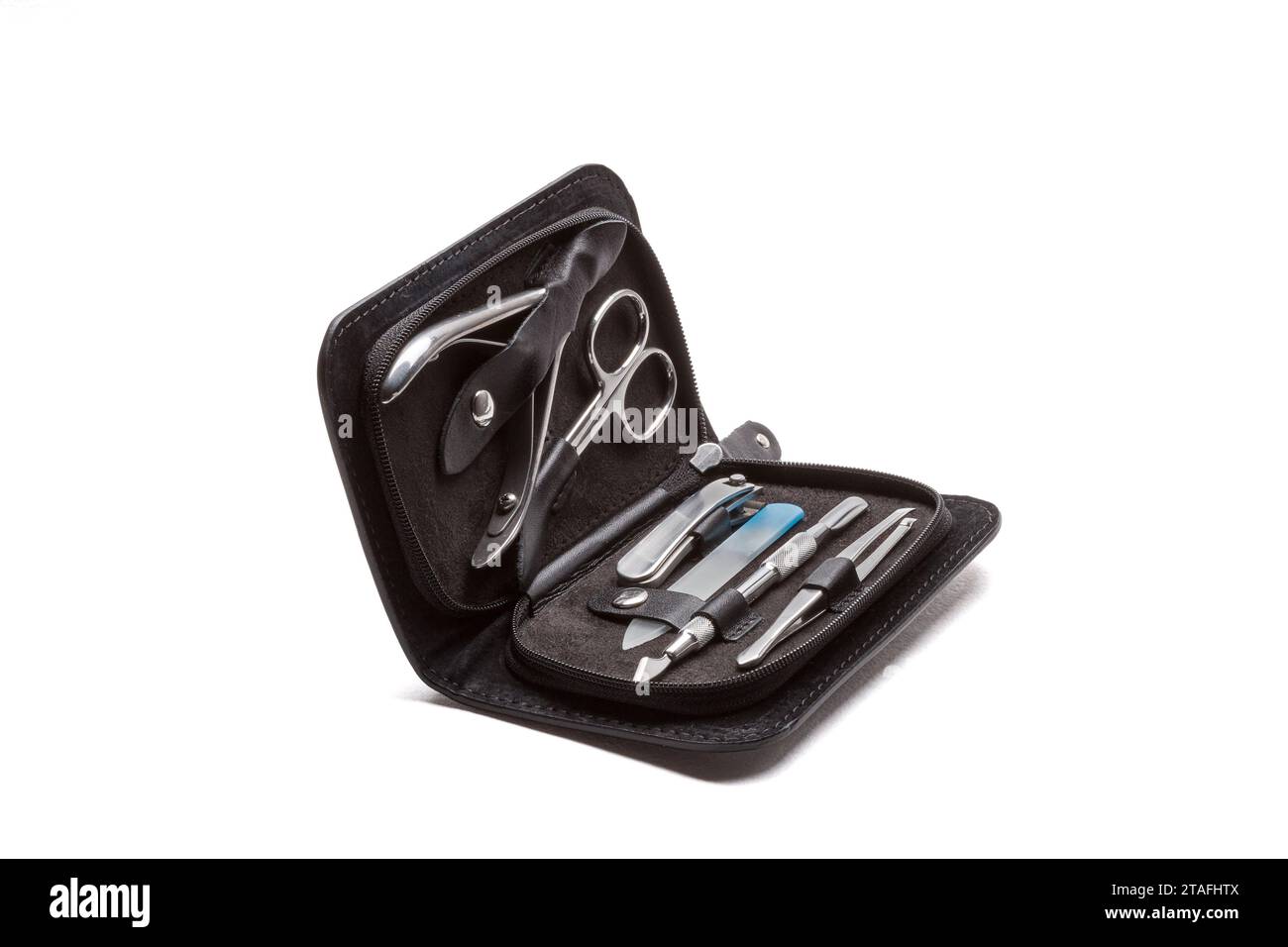 Set of steel manicure instruments and tools in black leather case ...