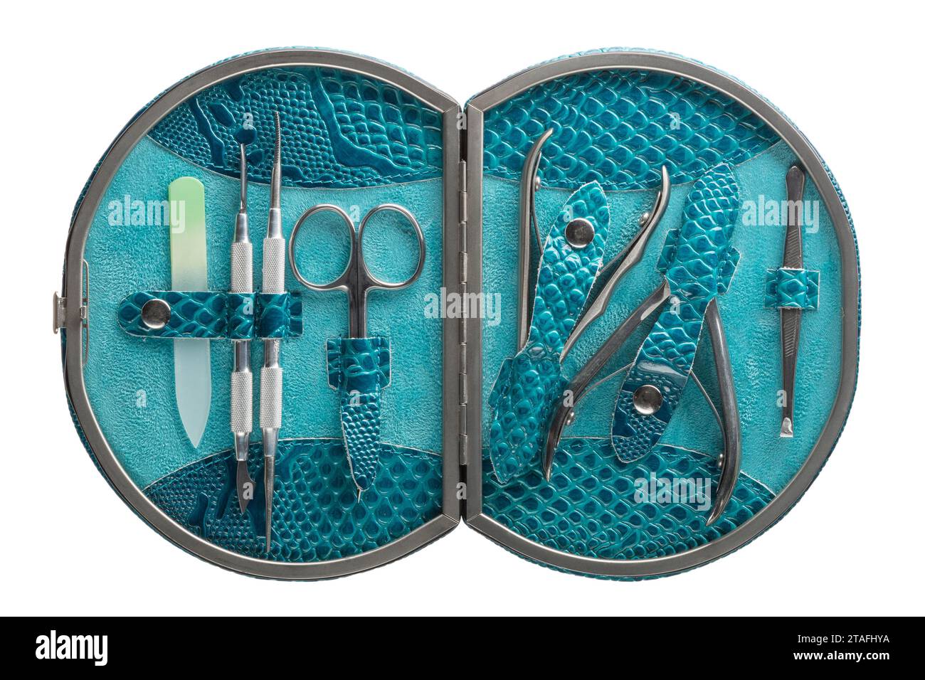 Set of steel manicure instruments and tools in blue leather case ...