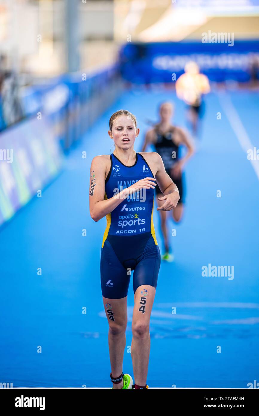 Tilda Månsson participating in Pontevedra in the 2023 World Triathlon ...
