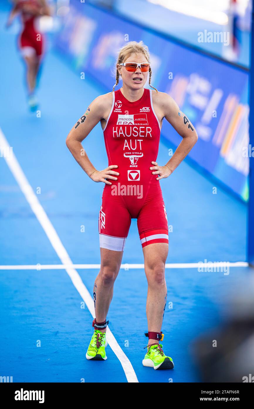 Julia Hauser participating in Pontevedra in the 2023 World Triathlon ...