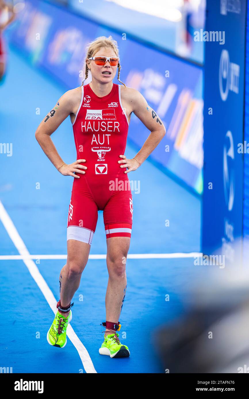 Julia Hauser participating in Pontevedra in the 2023 World Triathlon ...