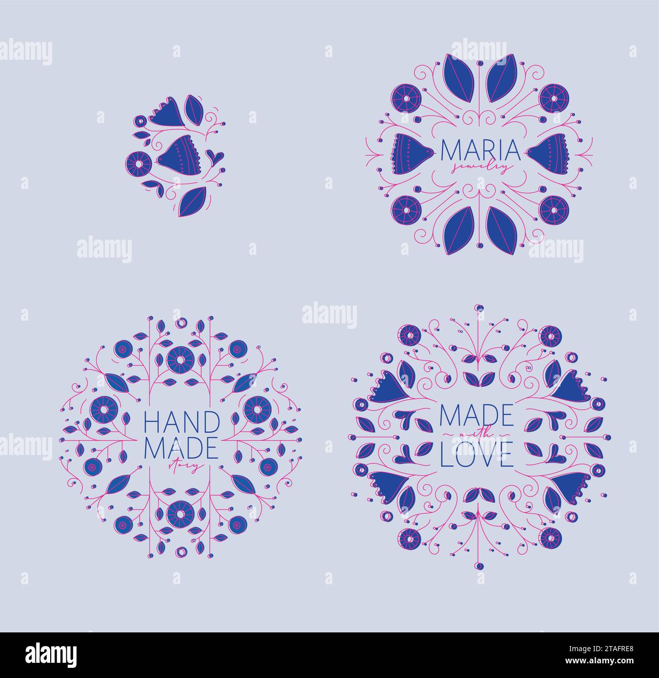 Ethnic floral labels with lettering drawing in linear style on azure ...