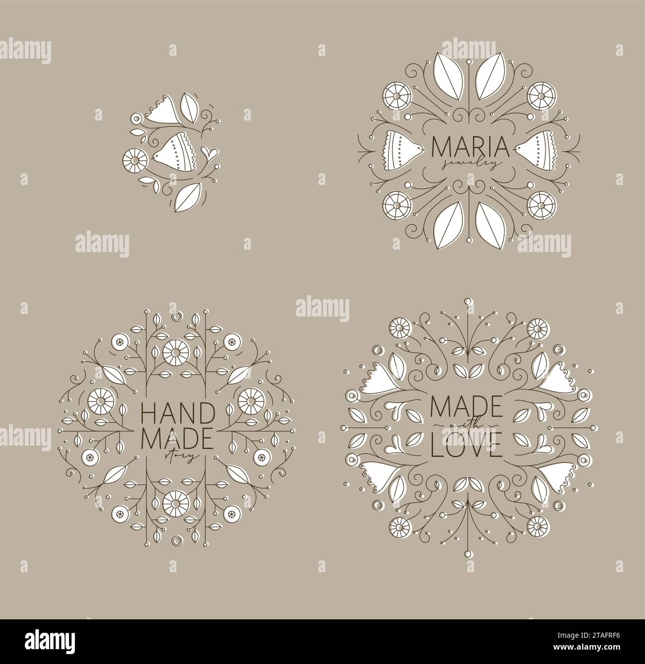Ethnic floral labels with lettering drawing in linear style on beige ...