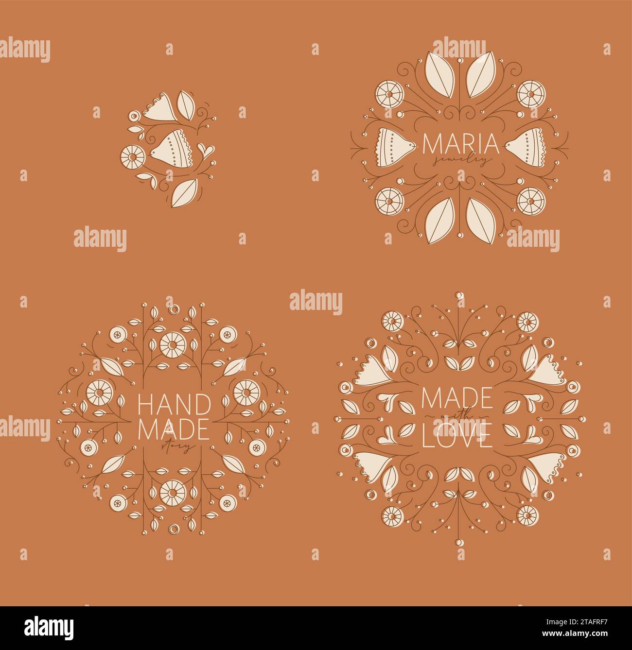 Ethnic floral labels with lettering drawing in linear style on mustard ...
