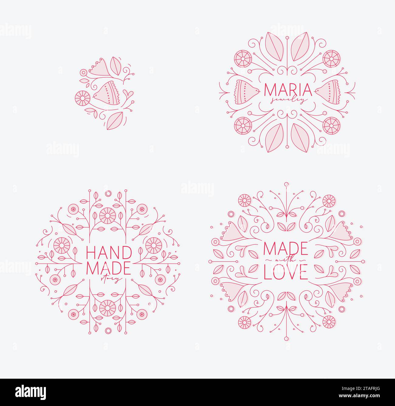 Ethnic floral labels with lettering drawing in linear style on white ...