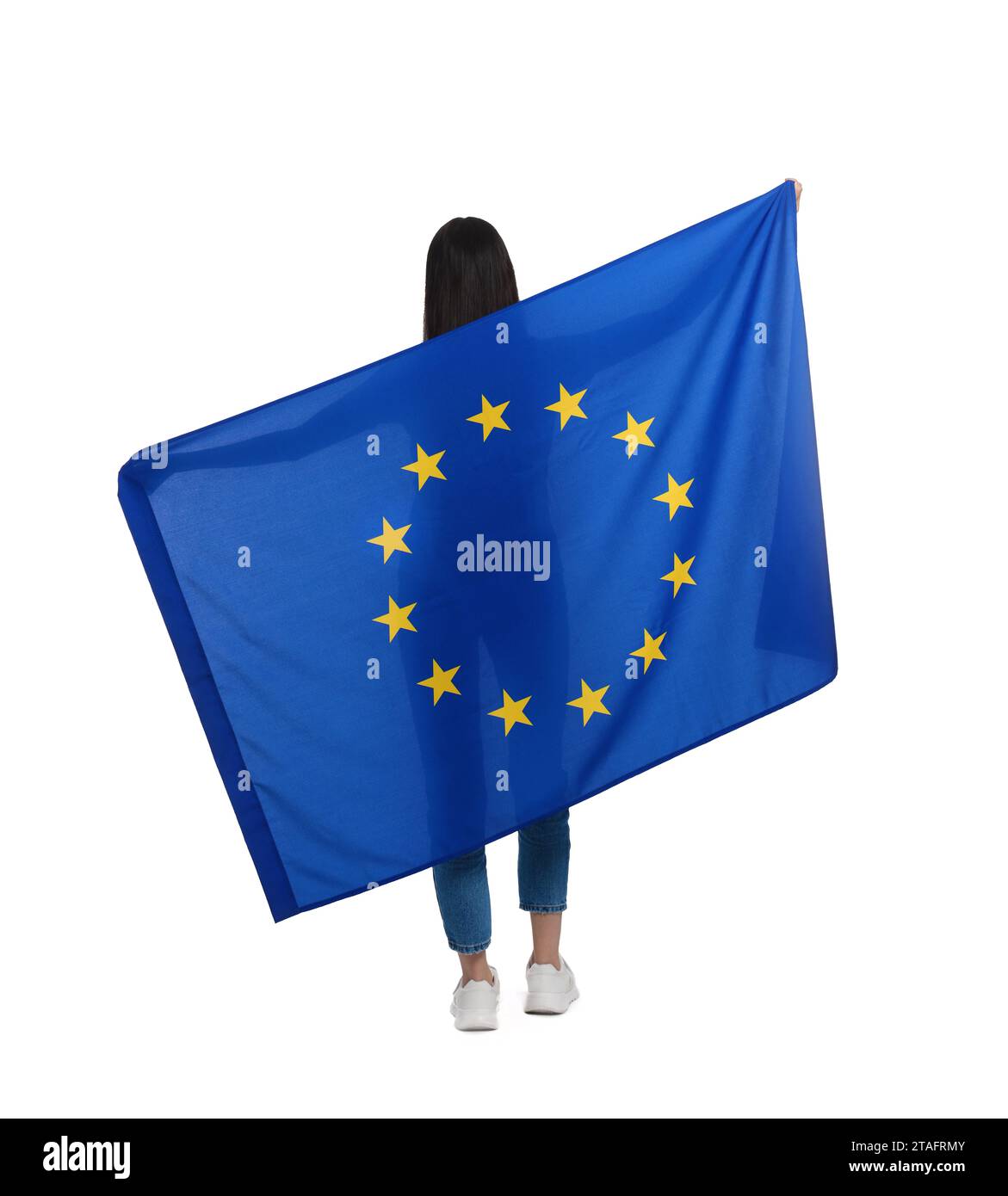 Woman holding European Union flag on white background, back view Stock ...