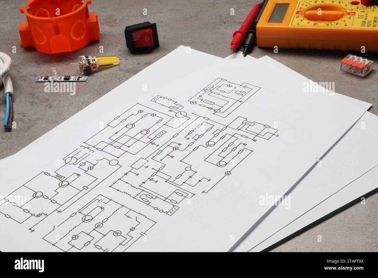 Wiring diagrams, digital multimeter and other electrician's equipment ...
