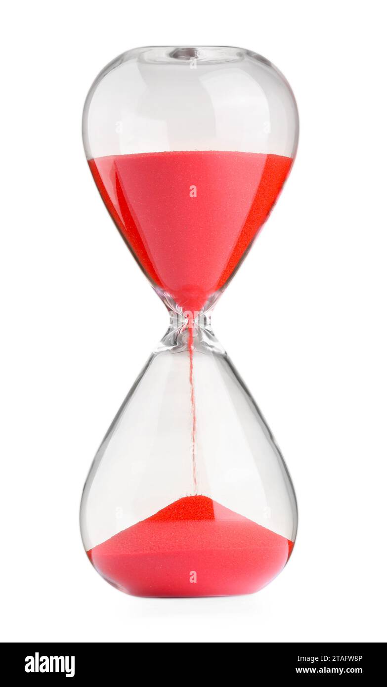 Hourglass with red flowing sand isolated on white Stock Photo - Alamy