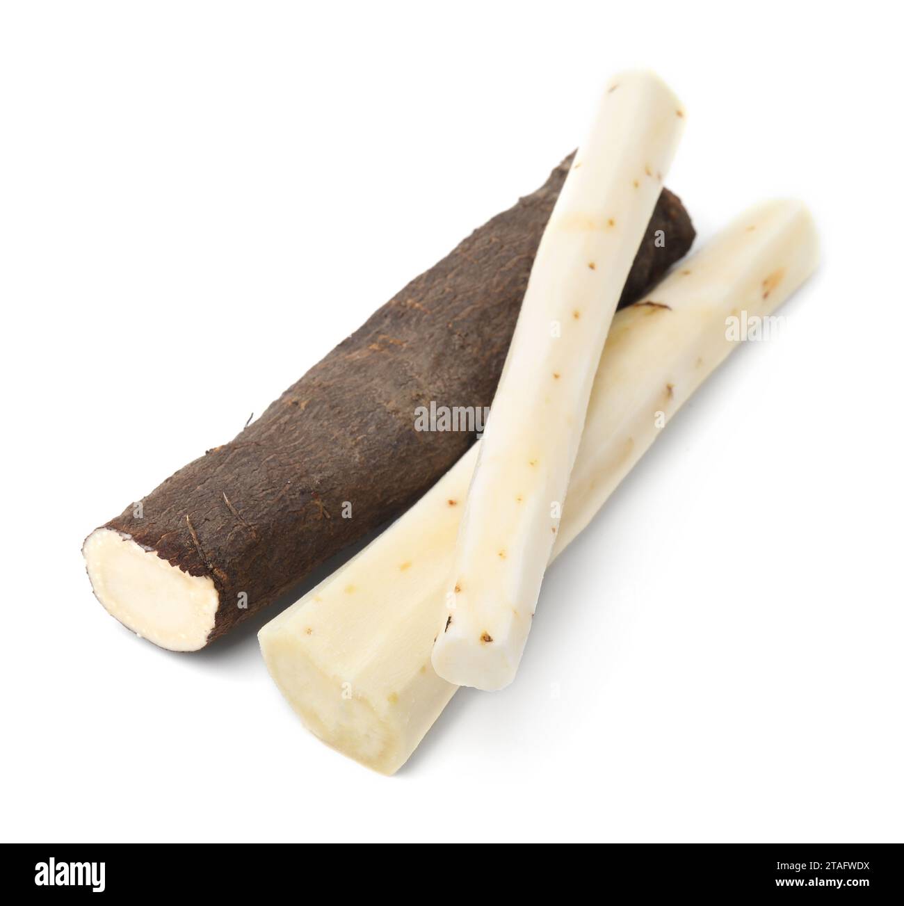 Cut raw salsify roots on white background Stock Photo - Alamy