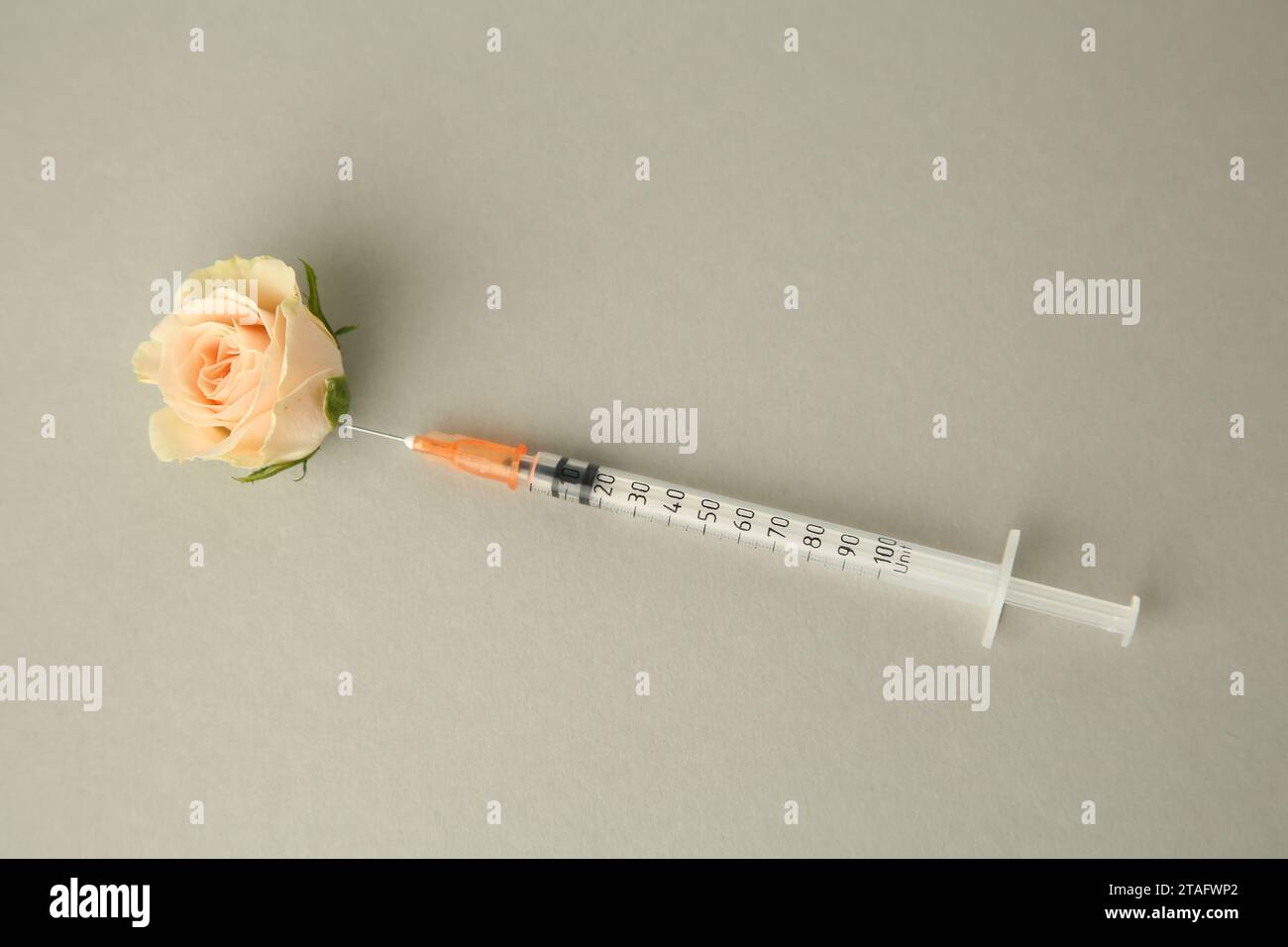 Medical syringe and beautiful rose on grey background, above view Stock ...