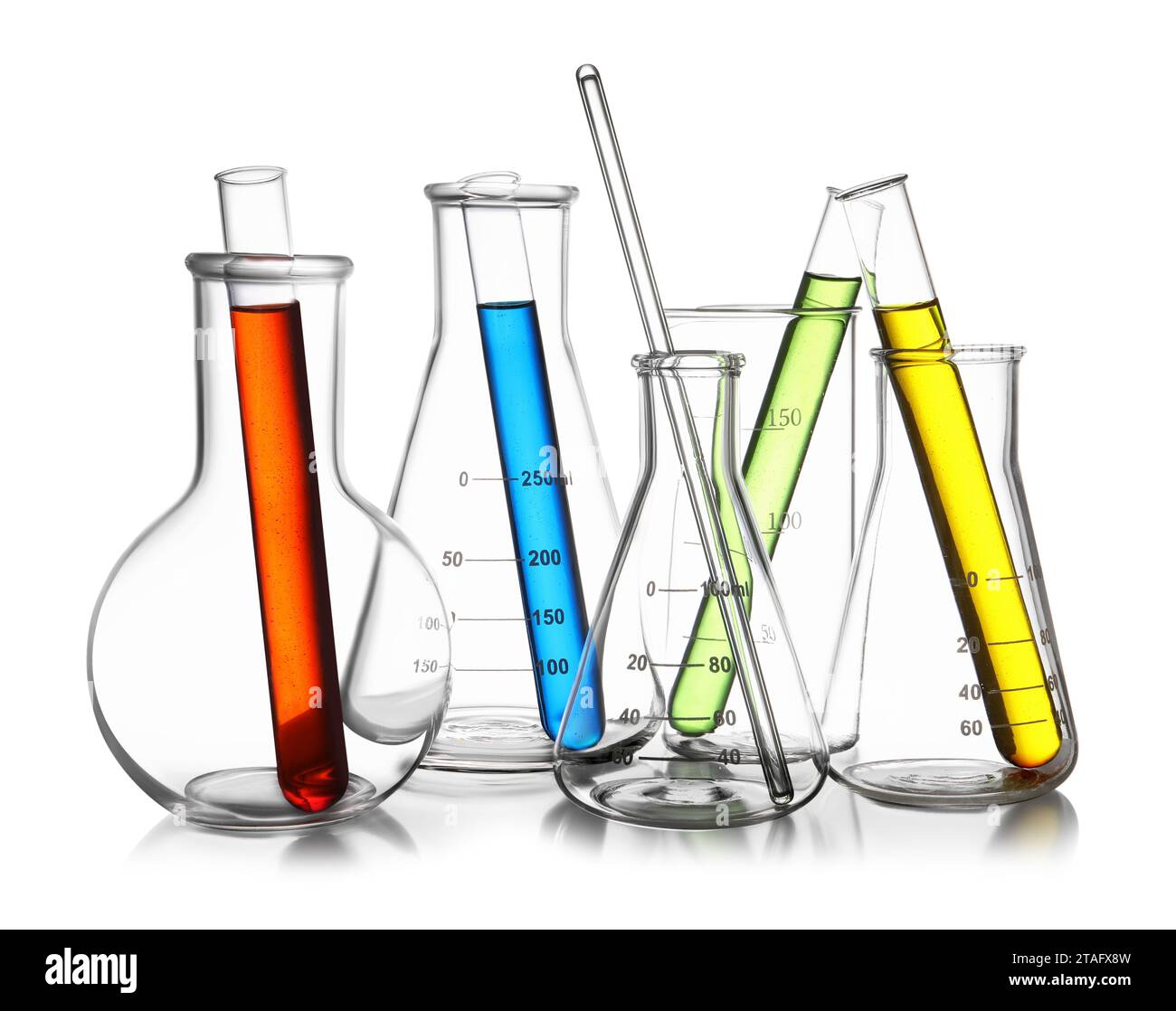 Glass flasks, beaker and test tubes with colorful liquids isolated on ...