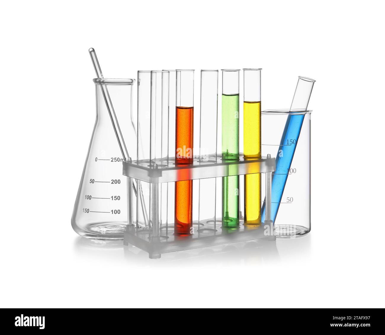 Glass flask, beaker and test tubes with colorful liquids isolated on ...
