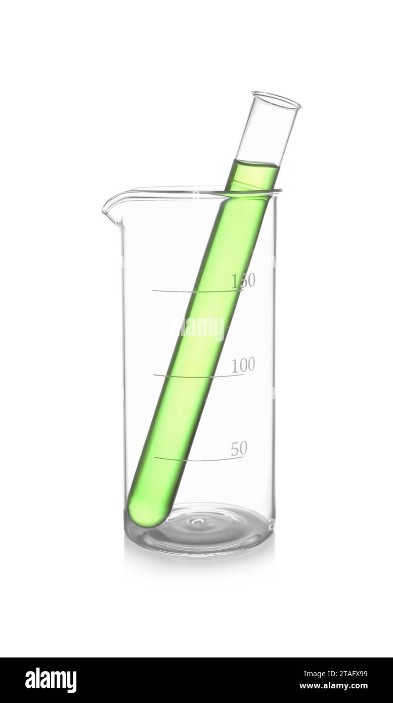 Glass beaker and test tube with liquid isolated on white Stock Photo ...