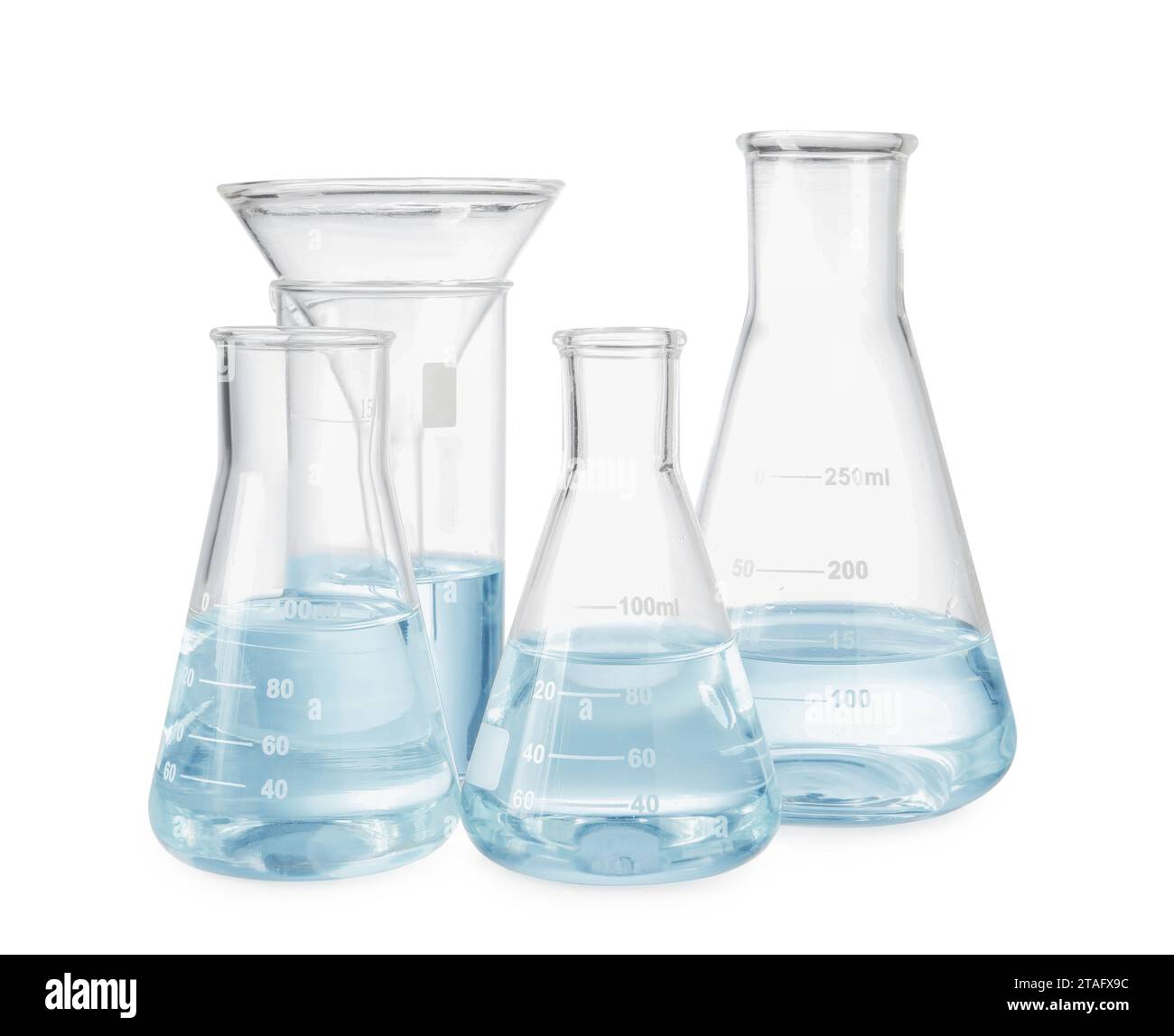 Different laboratory glassware with water isolated on white Stock Photo ...