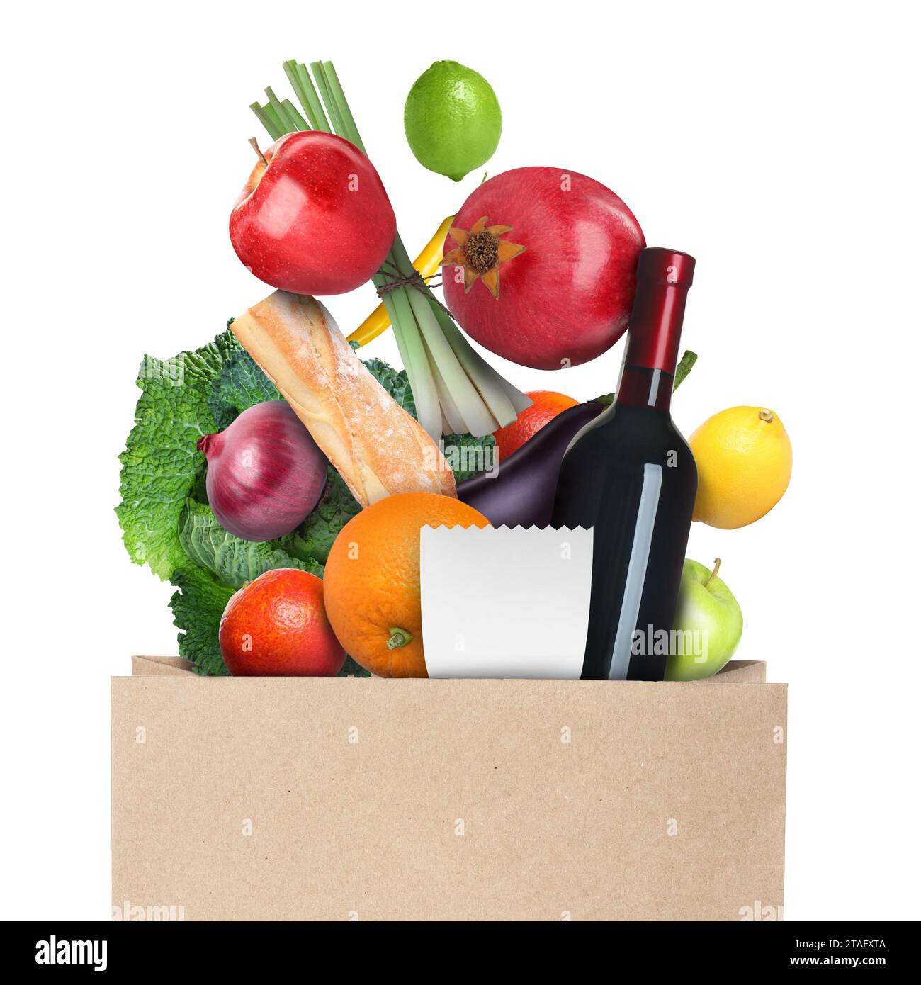 Different food products falling into paper bag on white background ...