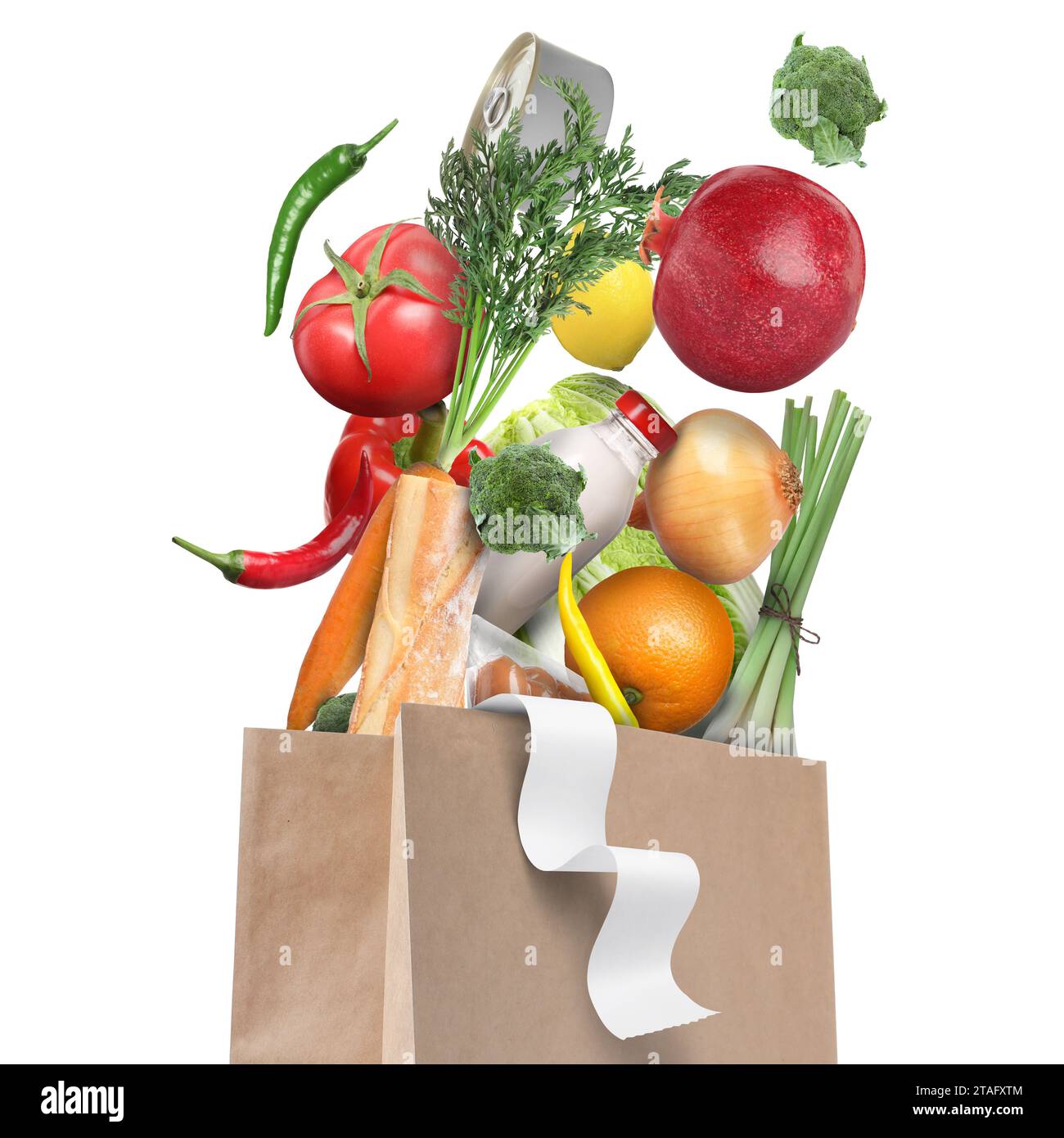 Different food products falling into paper bag on white background ...