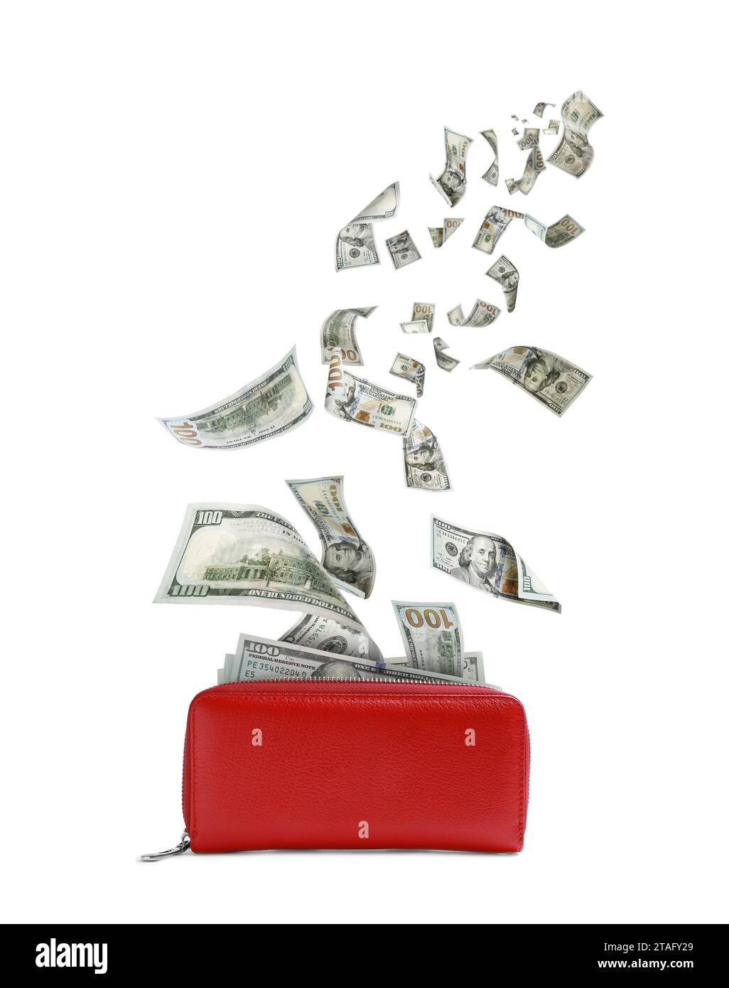 Dollar banknotes falling into purse on white background Stock Photo - Alamy