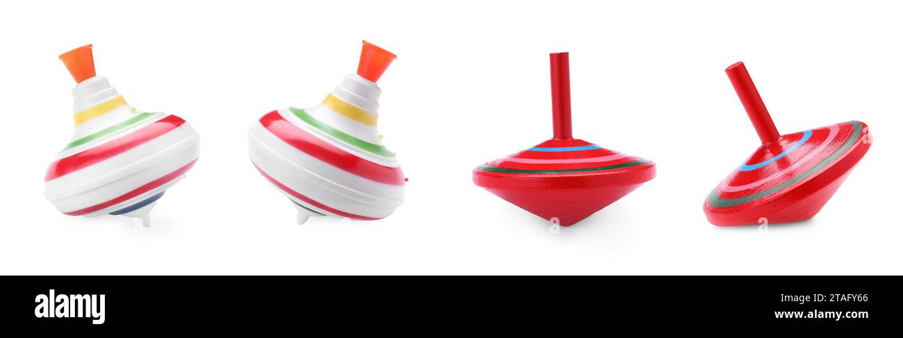 Colorful spinning tops isolated on white. Toy whirligig Stock Photo - Alamy
