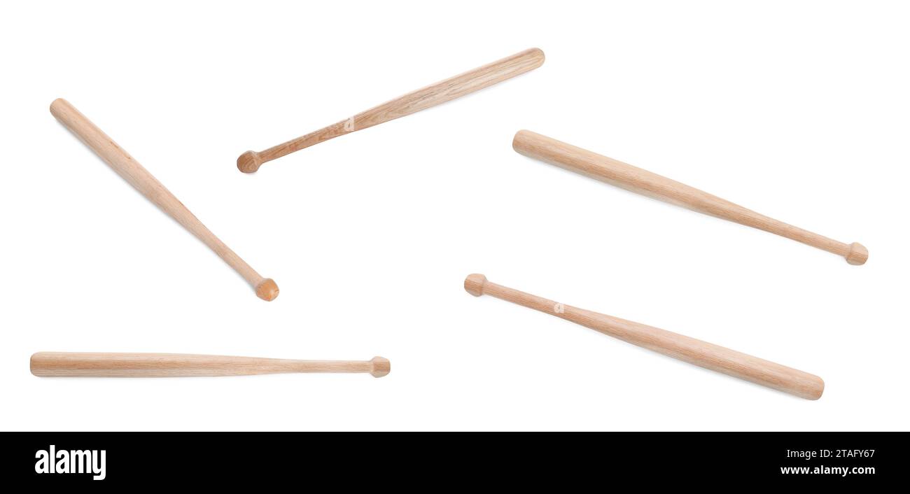 Many different wooden baseball bats isolated on white, set Stock Photo ...